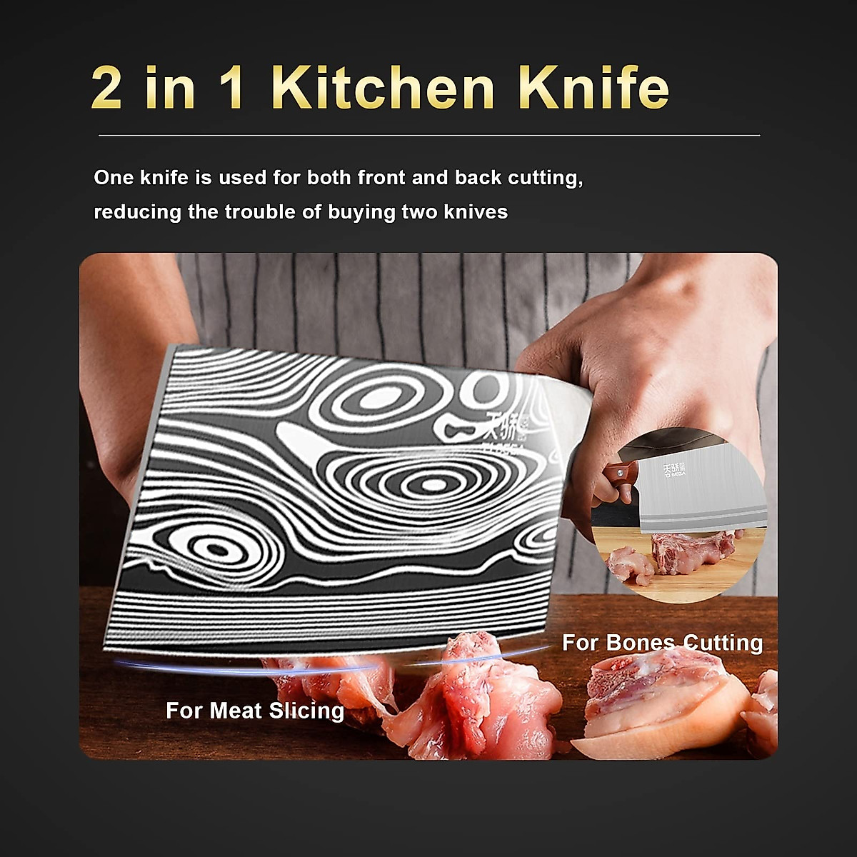 Professional Chinese Chef's Knife, Ultra Sharp Meat Cleaver 7.8 Inch, Damascus pattern Chopping Knife, 40Cr13 Steel Blade Thickness 3 mm, TJ SEGA Series TC19022