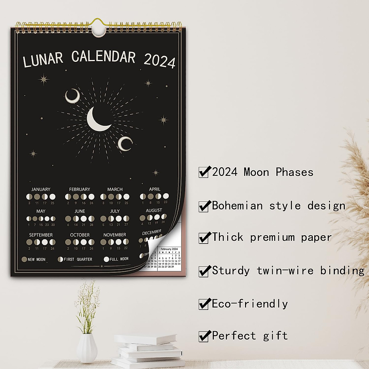 2024 Calendar - Wall Calendar From January 2024 to December 2024, 2024 Aesthetic Modern Boho Vertical Hanging Large Calendar with Moon Phases, Perfect for Monthly Organizing & Planning, 10"×14.5"