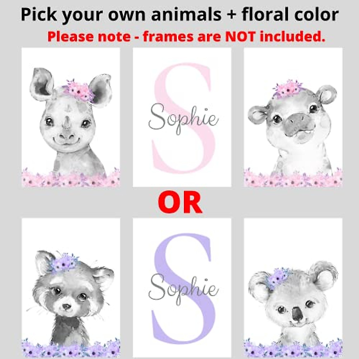 Personalized Safari Animals for Baby Girls Nursery Bedroom Unframed Set of 3 Poster Prints, Personalized Name Pink Purple Flowers Wall Art Decor New Baby Gift Present, Elephant Giraffe Panda Zebra Lion (8x10)