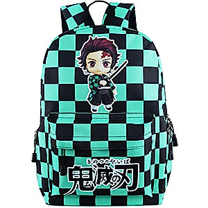 Roffatide Anime Demon Slayer Backpack Black Green Plaid School Bag Large Capacity Laptop Back Pack