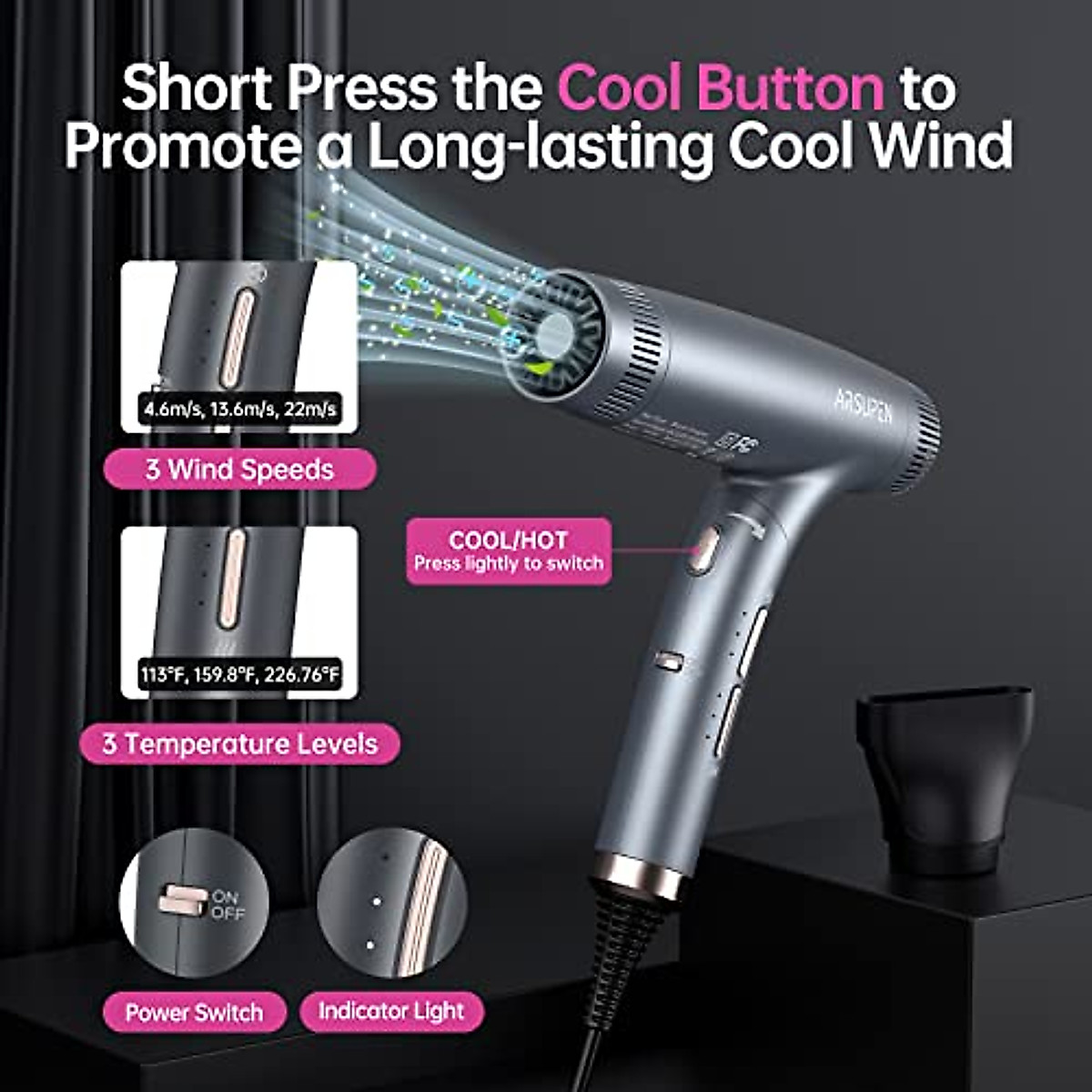 Arsupen Professional Hair Dryer with Powerful Brushless Motor, Lightweight Foldable Dual Ionic Blow Dryer, High Speed for Fast Drying with Magnetic Nozzle, 12 Modes, Super Quiet, for Travel Salon Home