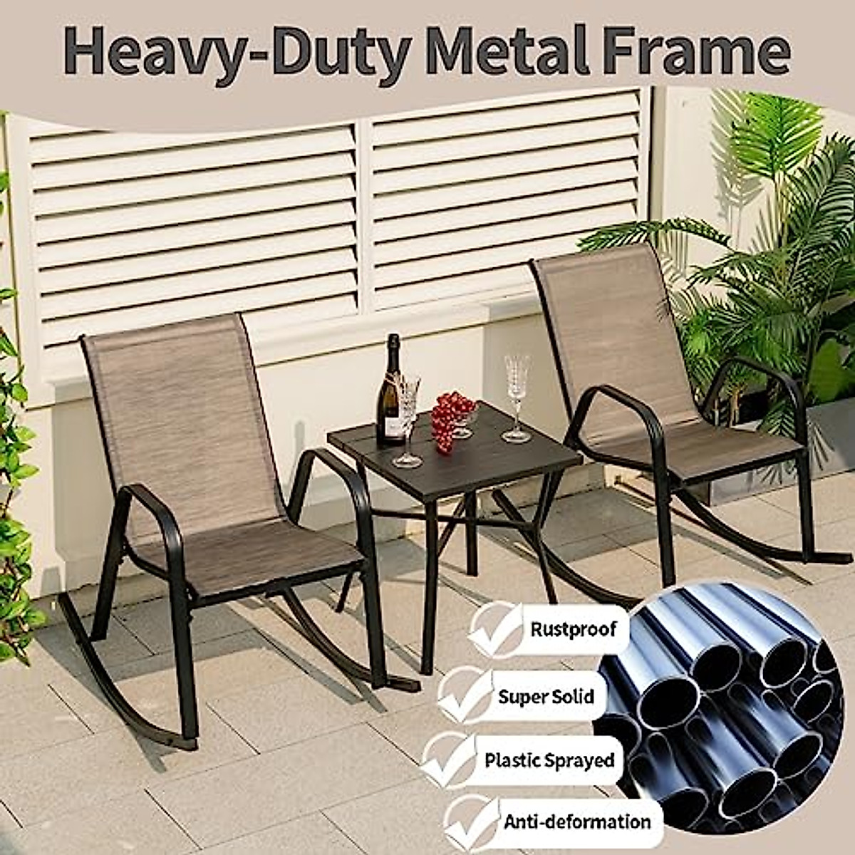 Patio Rocker Chair Rocking Chairs 2 Piece Modern Outdoor Furniture Ergonomic Rockers with Breathable Fabric Seat, Sturdy Metal Patio Furniture for Front Porch, Backyard, Garden(Brown*2)