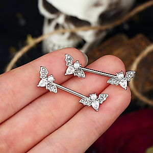 Jewseen Nipple Barbell 14g Nipple Piercing Bat Nipple Jewelry Sparkling CZ Nipple Ring Bar Halloween Body Piercing Jewelry