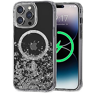 YAKGWERC【Bling Magnetic Ring Design Magnetic Glitter Case for iPhone 13 Pro Max [Compatible with MagSafe] [3-D Craft Glitter] Sparkly Cover for Women Girls, Clear Shockproof Silicone Bumper - Silver