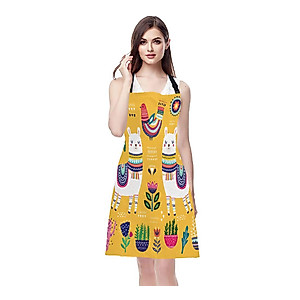 EKOBLA Llama Aprons Cute Cartoon Alpaca Graphic Adjustable Apron 27x31 Inch