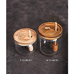 Honey Jar Pot Glass Holder Dispenser Set with Wooden Dipper Stick and Acacia Lid Cover for Home Kitchen, Clear, Modern Honey Syrup Glass Container for Storage Gift, Honey Pot and Drizzler (9 Oz)