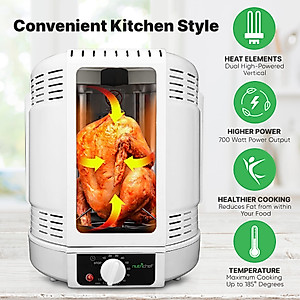NutriChef Vertical Rotisserie Oven Roaster - Rotating Shawarma/Kebab Machine with Skewer and Rack, Basket Tower, Roasting Rack, Poultry Tower, Drip Tray - For Meat Chicken Turkey Lamb - PKRT15 White