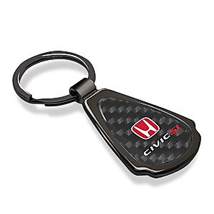 iPick Image Compatible with Honda Red Civic Si Real Carbon Fiber Gunmetal Black Metal Teardrop Key Chain