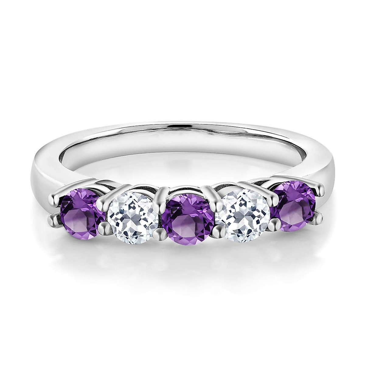 Gem Stone King 925 Sterling Silver Purple Amethyst and White Topaz 5-Stone Wedding Anniversary Band Ring For Women (0.91 Cttw, Gemstone February Birthstone, Available In Size 5, 6, 7, 8, 9)