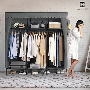 CAPHAUS 67-Inch Clothing Rack with Cover, Portable Closet Wardrobe, Covered Garment Rack for Hanging Clothes, 285LB Capacity Heavy-Duty Metal Frame Clothes Organizer Rack with Storage Shelves