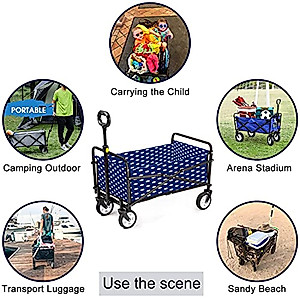 Collapsible Wagon Cart Seamless White Polka dots Navy Foldable Utility Wagon Large Capacity Garden Cart with Push Bar for Beach Camp Outdoor Shopping