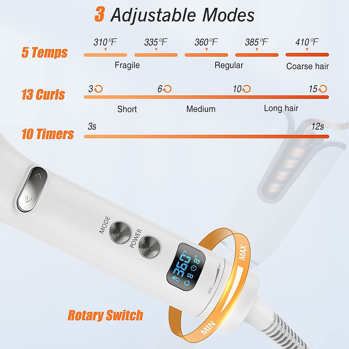 Automatic Hair Curler with 5 Temperature & 13 Curls &10 Timer Settings, 12 Second Fast Heating, Auto Hair Curling Iron Wand with LCD Display & 1" Large Rotating Barrel, Dual Voltage for Travel