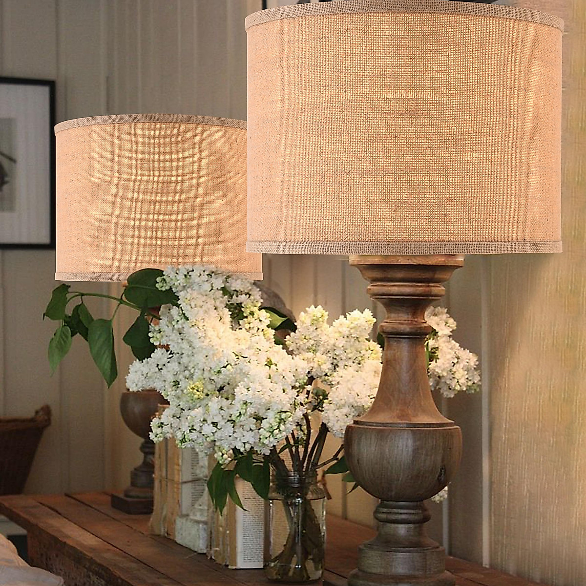 PAPAYA Lampshade Set of 2 Drum Fabric Shades for Table and Floor Lamps, 13" Top x 13" Bottom x 10" High Brown Spider Lamp Shade,Natural Burlap Linen Handmade