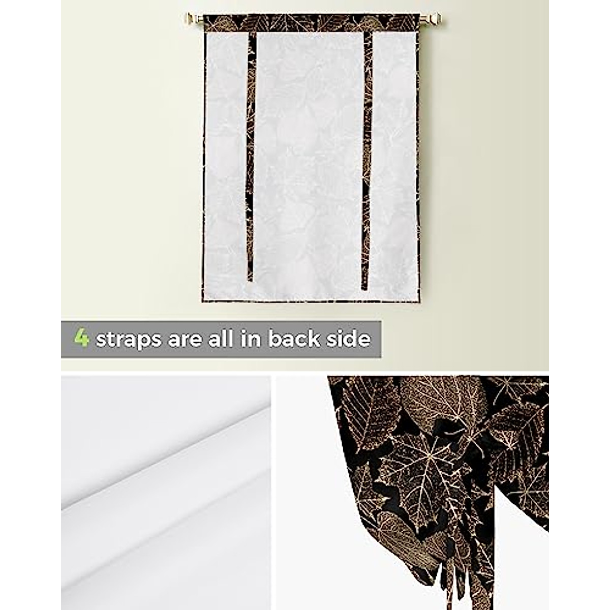 Thanksgiving Fall Tie Up Curtains for Kitchen Bathroom Bedroom Windows 63 Inch Length, Balloon Drape Curtains Shade Rod Pocket Drapery Curtain Gold Autumn Maple Leaves Black Backdrop 1 Panel, 52"x63"