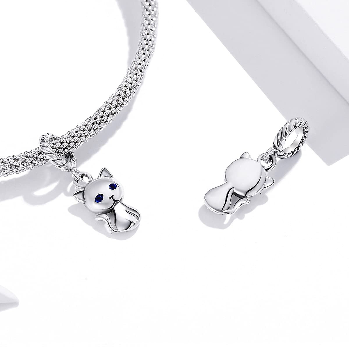 BISAER Cat Charms for Bracelets 925 Sterling Silver Cute Cat Kitty Animal Dangle Charms for Paperclip Bracelet Necklace Christmas Gifts