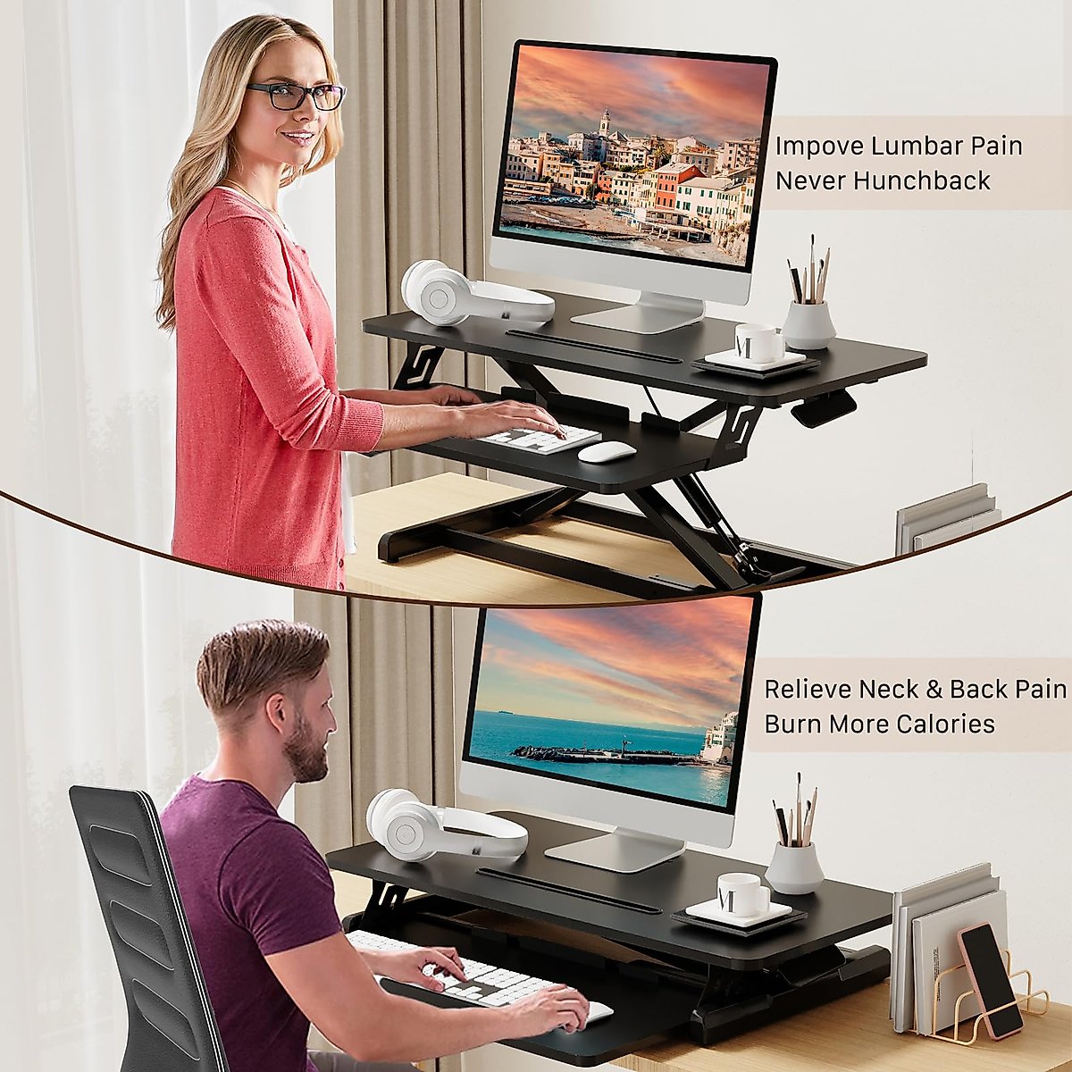 JOY worker Standing Desk Converter, 32" Wide Height Adjustable Sit Stand Up Desk Riser with Keyboard Tray, Desktop Workstation Riser for Home Office Computer Laptop, Particle Board, Black