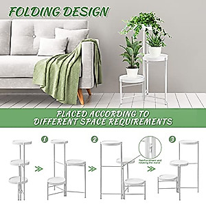 iDavosic.ly 3 Tiers Corner Plant Stand for Indoor Outdoor, Foldable Small Tiered Plants Holder Display Rack with 3 Trays, Flower Pot Tall Shelf for Living Room Balcony Garden Patio (Round, White)