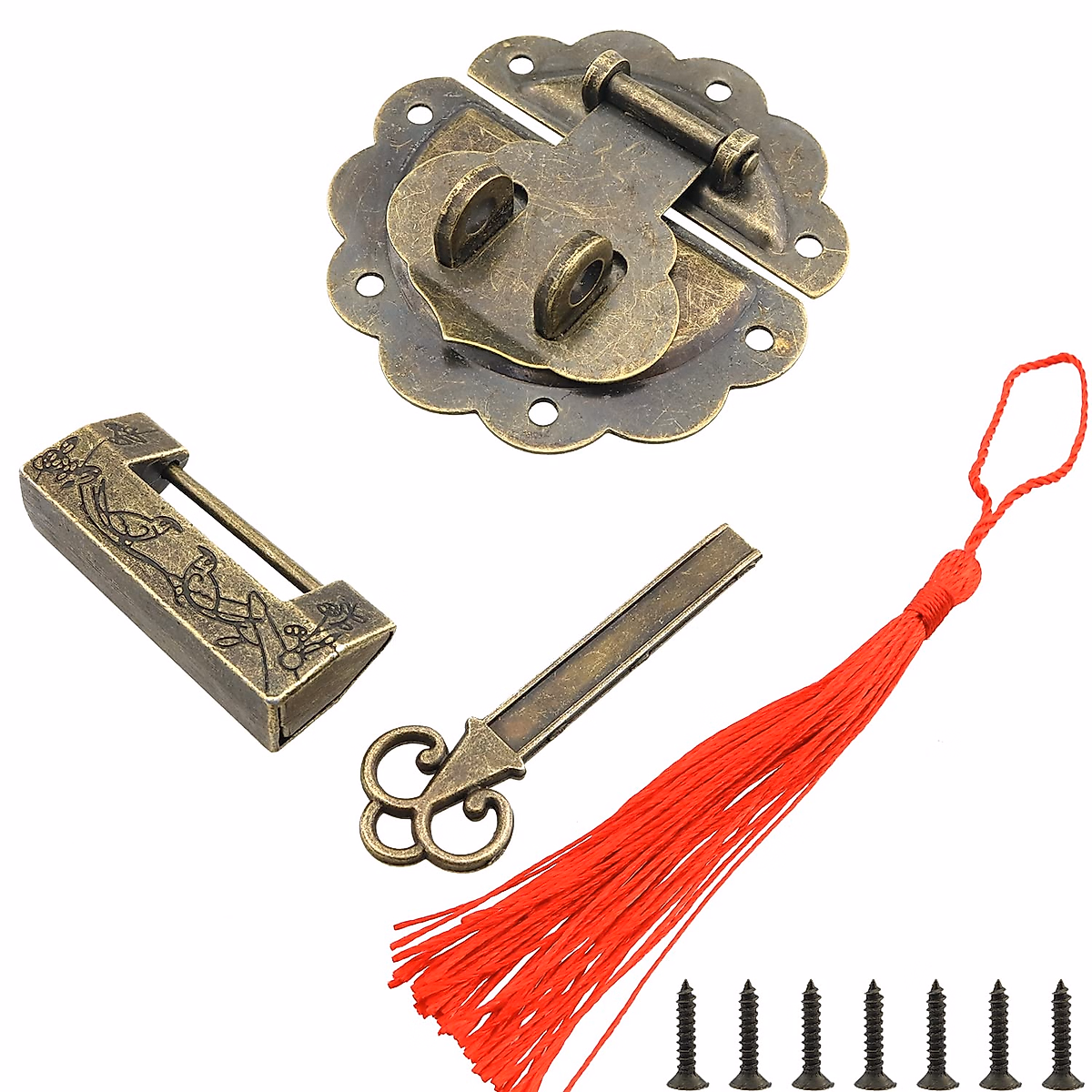 JianLing Antique Furniture Jewelry Box Buckle Toggle Catch Lock (58mm x 58mm) with Mounting Screws and Zinc Alloy Flower Bird Lock (42x11x18mm) with Key