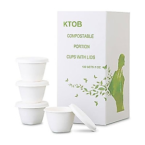 KTOB 100% Compostable 100 Sets 2 oz. Sugarcane Containers with Lids,Condiment Jello Shot Cups,Eco Friendly Dipping Sauce and Salad Dressing Container,Disposable Mini Plastic Portion Souffle Cups