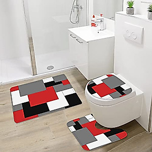 Gibelle 4 Pcs Geometric Red Shower Curtain Set with Non-Slip Rugs, Toilet Lid Cover and Bath Mat, Black Grey Modern Bathroom Decor Set with Shower Curtain and Rugs and Accessories