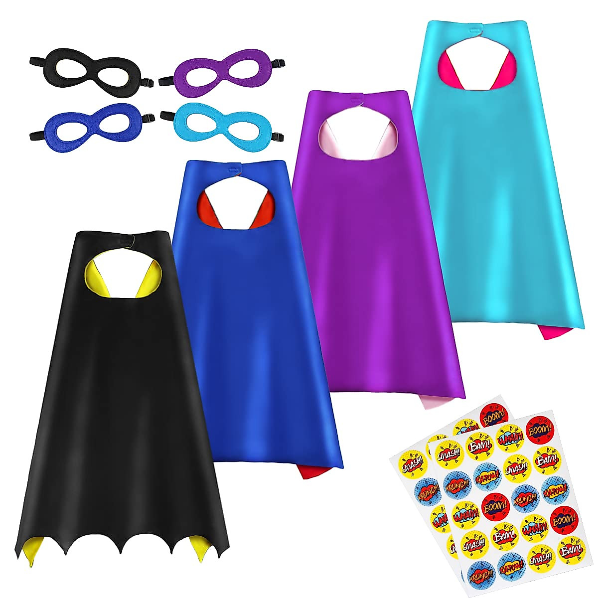 AIMIKE Superhero Capes and Masks, DIY Dress Up Capes and Masks Set, 4 Packs with Stickers