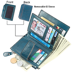 Lavemi Small Compact Women Wallet RFID Blocking Genuine Leather Bifold Purse with ID Windows(Peacock Green)