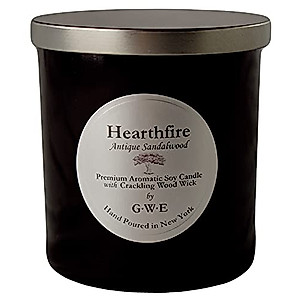 Hearthfire - Sandalwood Scented Soy Candle Infused w/Natural Oils w/ Wood Wick- Dark Sweet Creamy Aromatherapy - Hand Poured in The USA in Glossy Black Jar w/ Lid