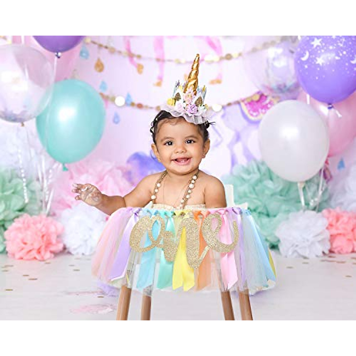 Pastel Rainbow High Chair Banner for 1st Birthday - Party Supplies for Highchair Tutu Skirt, First Birthday with One Pennant,Rainbow Birthday Decorations for Girls (Rainbow Banner)