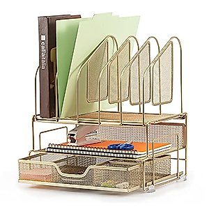 Beiz Gold Desk Organizer and Accessories Storage with 5 Vertical File Folder Holders, 2 Paper Tray, Drawer for Women Office, Home, Dorm, Workspace to Collect Office Supplies