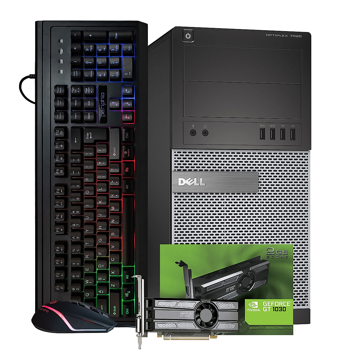 Dell Gaming PC Tower, Intel i5, 16GB RAM, 128GB SSD 500GB HDD, Windows 10, Nvidia GT 1030 2GB, New RGB Gaming Keyboard and Mouse (Renewed)