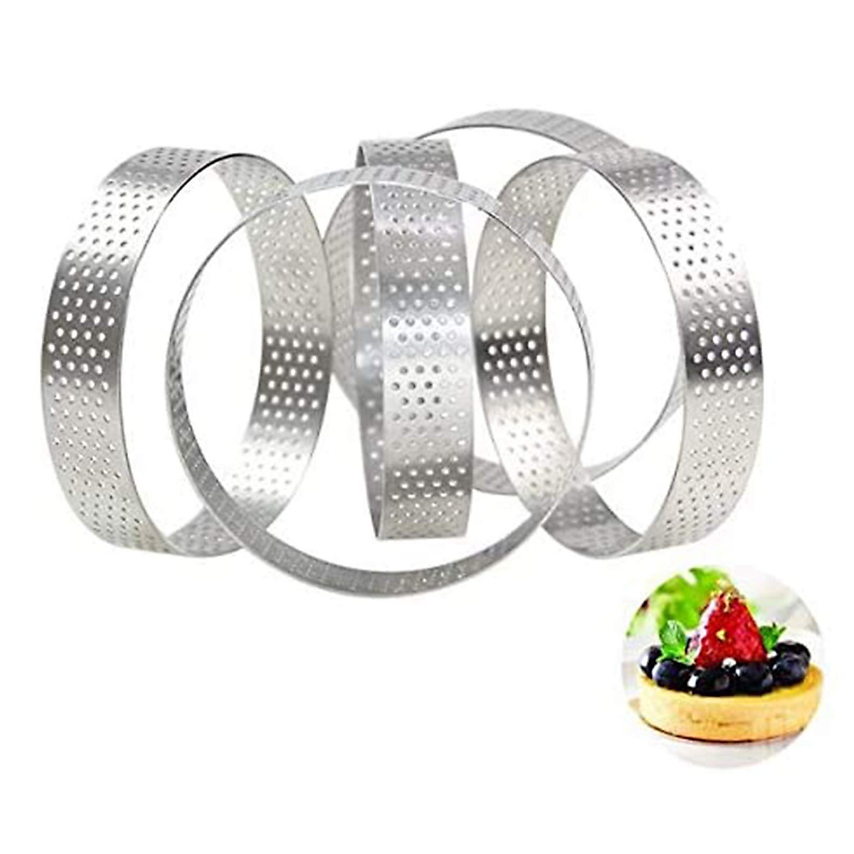 6pcs 8cm Circular Steel Porous Tart Ring Bottom Tower Pie Cake Baking Tools Heat-Resistant Perforated Cake Mousse Ring