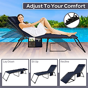 Lavish Home Lounge Chair Outdoor Furniture - 3 Position Adjustable Beach Chair - Folding Chair with Pocket and Pillow - Patio Furniture (Navy)