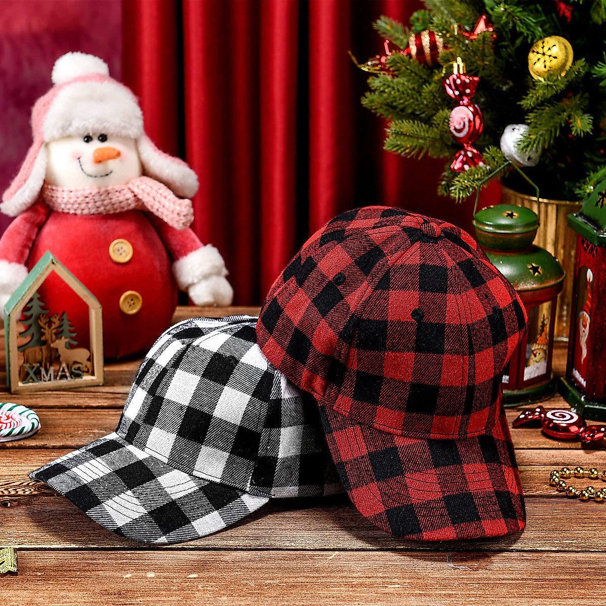 2 Pcs Plaid Baseball Caps Buffalo Plaid Baseball Cap Plaid Print Snapback Hat Christmas Halloween Baseball Cap Unisex Adjustable Plaid Outdoor Hat for Women Men Teens Red, Black