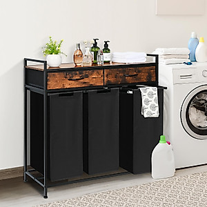 Laundry Sorter 3 Section, Laundry Hamper with Shelf and 2 Drawers, 180L Laundry Basket, laundry Organizer Cart, Pull-Out and Removable Oxford Fabric Laundry Bags,Rustic Brown and Black