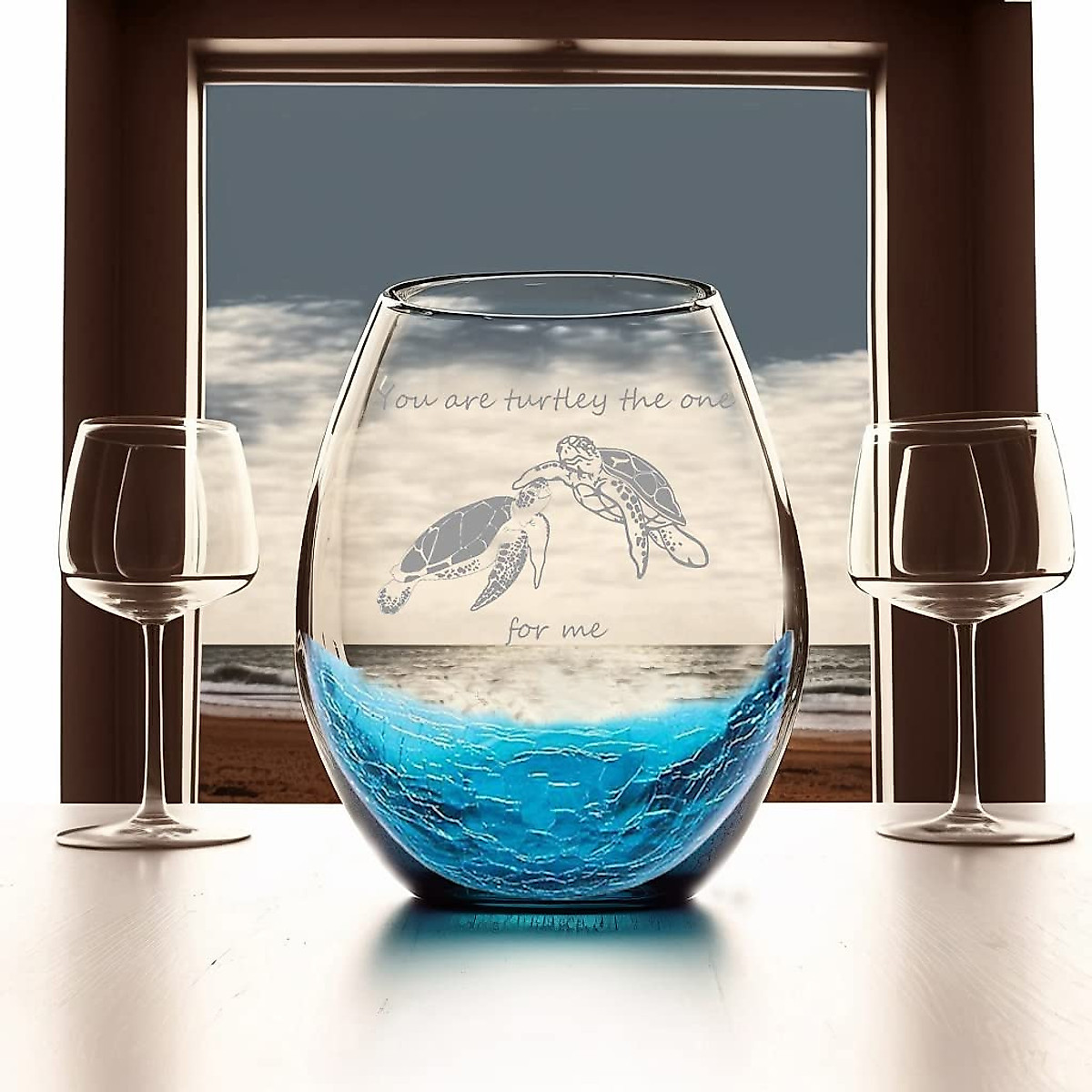 Valentines Day Gifts for Her, Sea Turtles Handmade Engraved Crackle Turquoise Beach Wine Glass, 18 Ounces
