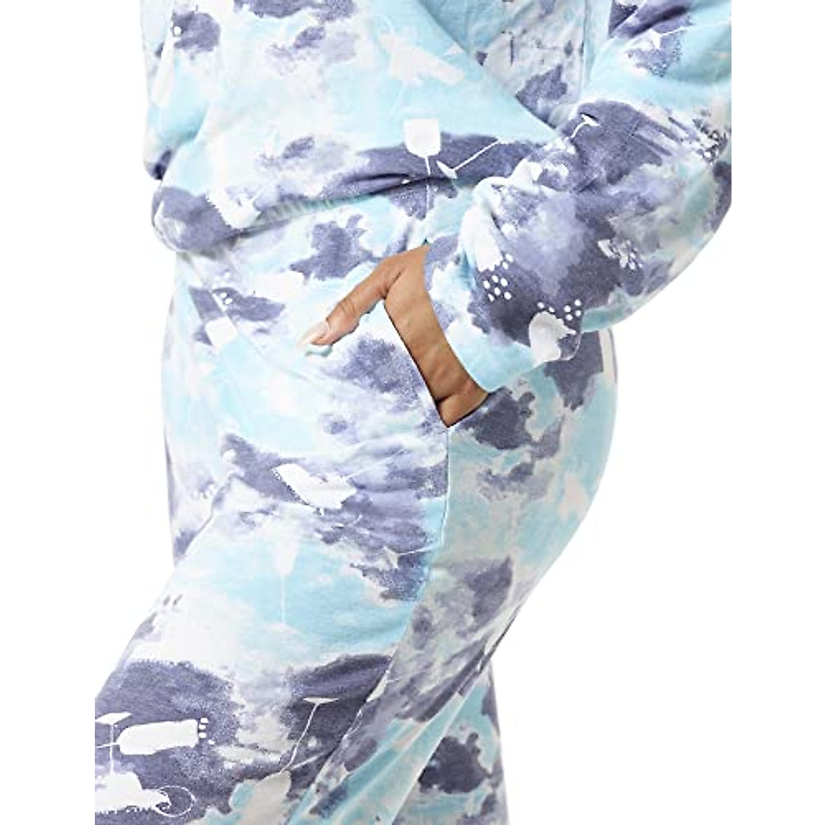 HUE Women's Long Sleeve Tee and Jogger Pant 2 Piece Pajama Set, Button Blue-Cloud Tiedye Cocktails, Large