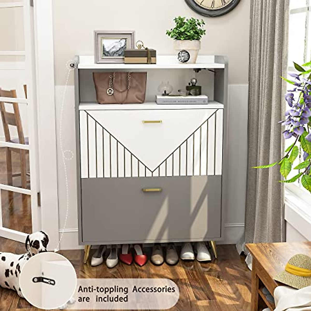 Aheaplus Shoe Cabinet with Flip Doors, Shoes Storage Organizer with Motion Sensor Led Light, Entryway Wood Freestanding Tipping Bucket Shoe Rack with Open Shelves for Closet, Living Room, Grey&White