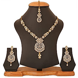 Touchstone Indian Bollywood Trends Filigree Floral Pattern Sparkling Rhinestone Designer Jewelry Necklace Set Mangtika In Antique Gold Tone For Women.
