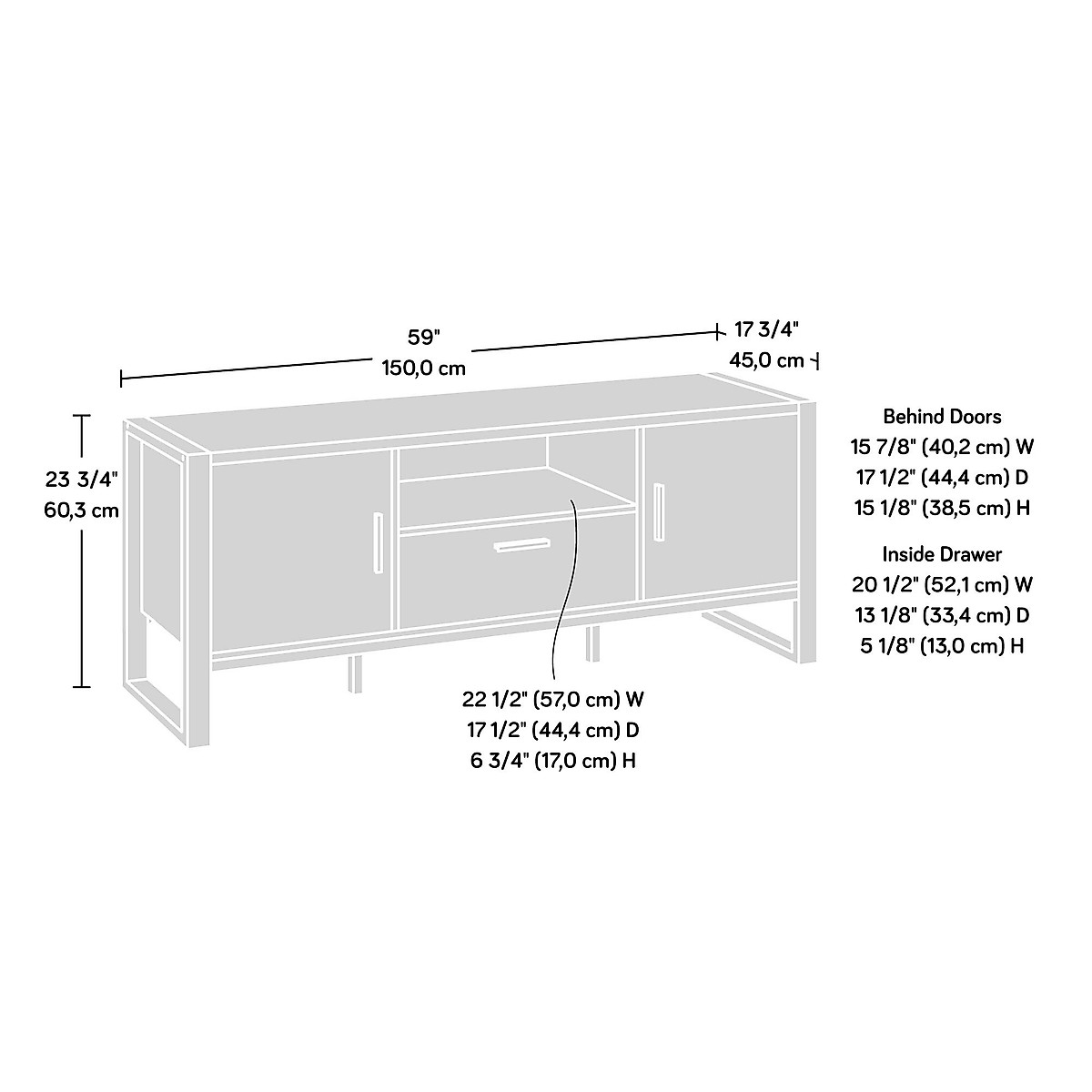 Sauder Rock Glen Credenza, L: 59.06" x W: 17.72" x H: 23.66", Blade Walnut Finish