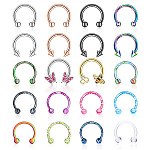 Sanfenly 20Pcs 16G Surgical Steel Horseshoe Nose Septum Rings Piercing Jewelry Cartilage Helix Tragus Daith Earring Hoop Lip Horseshoe Piercing for Women Men 8mm 10mm