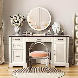 Spurgehom 58-Inch Executive Desk, Farmhouse Computer Desk with Drawers and Storage Cabinet, Wooden Home Office Desk Workstation, Study Writing Table, White&Black