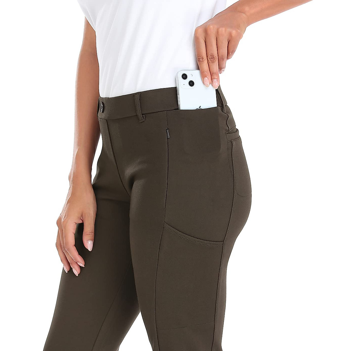 HDE Yoga Dress Pants for Women Straight Leg Pull On Pants with 8 Pockets Brown - M