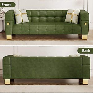 ReyTinn PU Faux Leather Sofa, 83.86" Mid-Century Modern Oversized Loveseat Couch, Large Classic Upholstered 3-Seater Deep Sofa with Arms for Living Room, Apartment, Office Green