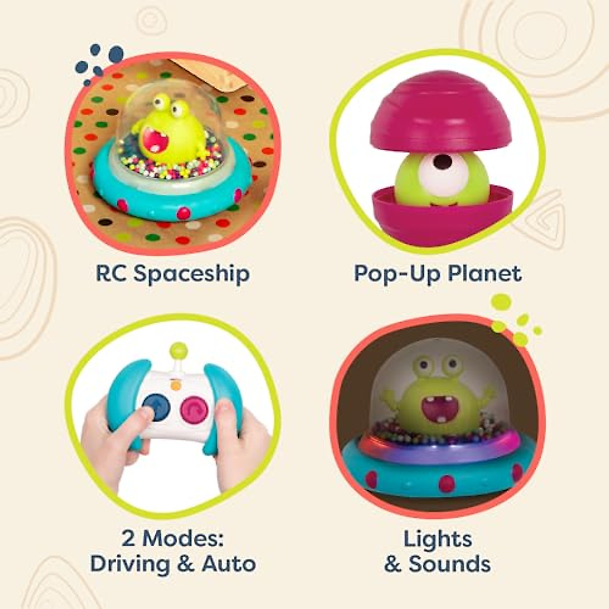 B. toys- Vehicle Bumper Space Car-Light-Up- Simple Remote Control Car for Toddlers with Alien Driver- Marky Mars- 12 months +