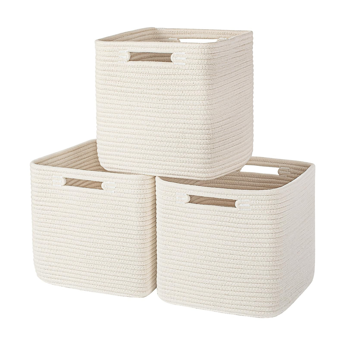AELS Hand Woven Cotton Basket for Storage, Cube Storage Bins with Handles, Foldable Collapsible Closet Organizers and Storage, Boho Farmhouse Storage Cubes for Shelves, Beige