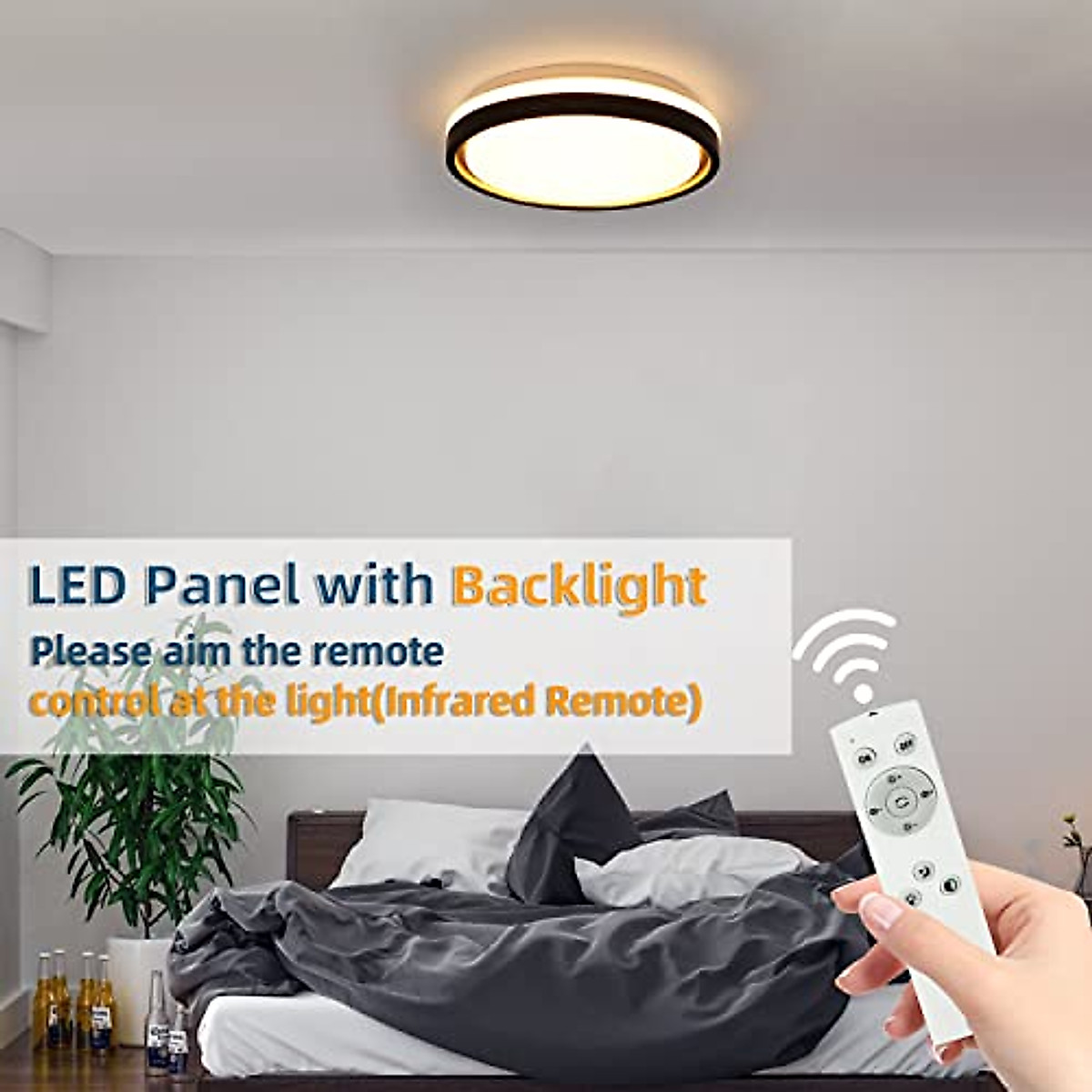 Hurrah LED Ceiling Light Fixture with Remote Control - 17W Flush Mount Dimmable Ceiling Lamp Black Round 2700K-6500K 11.8in Close to Ceiling Lighting for Bedroom Living Room Hallway Kitchen