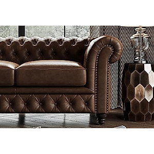 Valencia Parma Chesterfield Loveseat 64" | Premium Full-Aniline Leather | Mid-Century Accent Chair with Classic Button Tufted Back and Wood Legs for Living Room, Chocolate