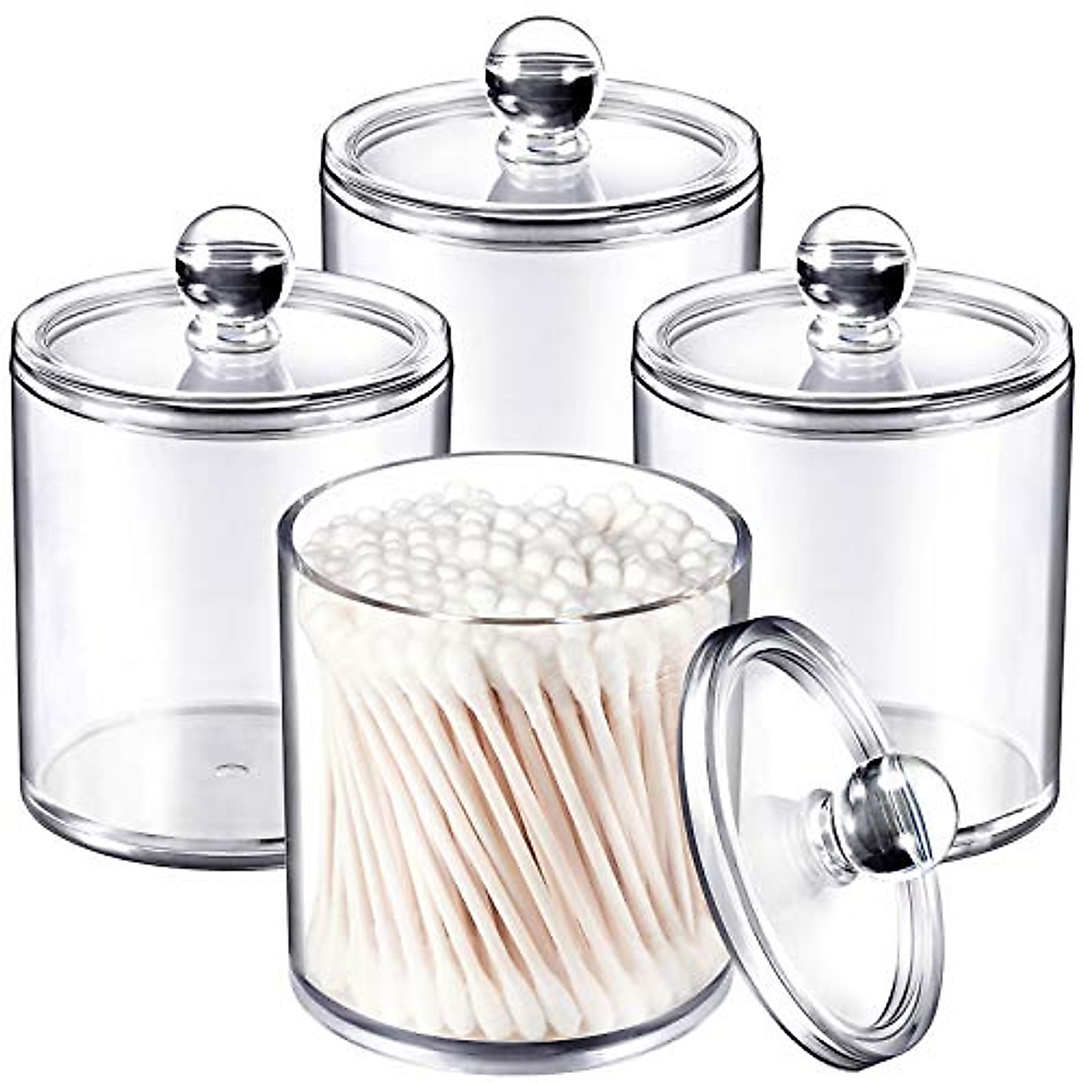 4 Pack of 15 Oz. Plastic Acrylic Bathroom Vanity Countertop Canister Jars with Storage Lid, Apothecary Jars Qtip Holder Makeup Organizer for Cotton Balls,Swabs,Pads,Bath salts (Clear, 15 Oz)