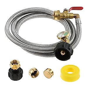 SURIEEN QCC1/Type1 Inlet Propane Refill Adapter Hose, 48" Stainless Braided Extension Propane Refill Hose with Gauge and ON/Off Control Valve for 1LB Propane Gas Tank 350PSI High Pressure Camping