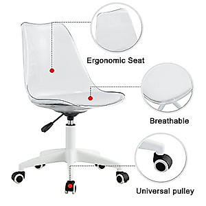 Clear Desk Chair, Plastic Home Office Chair, Acrylic Rolling Chair, Plastic Chairs for Office, Home, Make Up, Small Space, Bed Room (1, Clear/White Base)